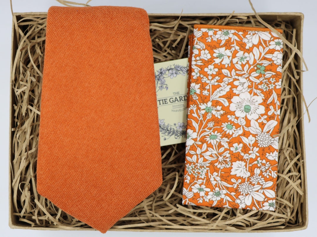 BEN & EAST: Orange Tie, Rust Wedding, Mens Pocket Square, Mens Gift Set ...