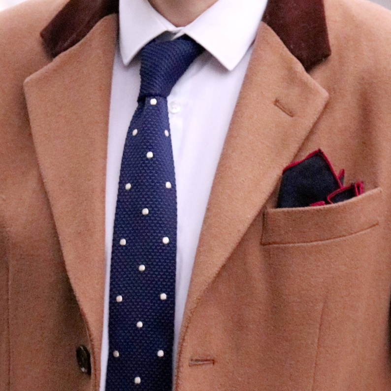 Navy Knitted Spotty Tie and Wool Pocket Square Set - Etsy