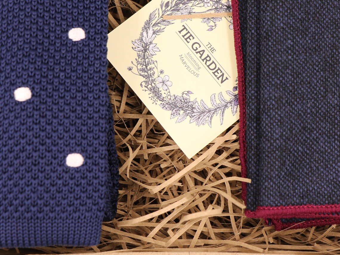 Navy Knitted Spotty Tie and Wool Pocket Square Set - Etsy UK