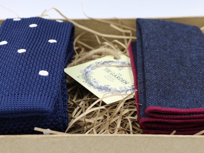 Navy Knitted Spotty Tie and Wool Pocket Square Set - Etsy
