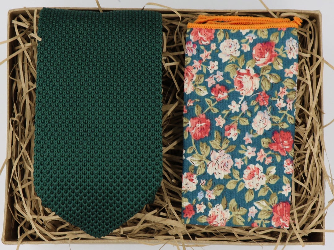 PADDY & ANNE: Knitted Tie, Floral Pocket Square, Emerald Green Tie ...