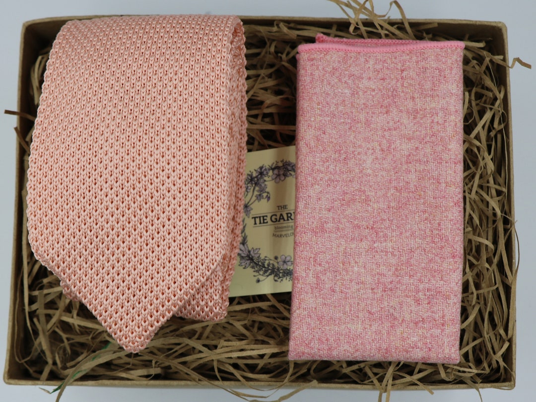 LIZ: Salmon Knitted Tie Set, Salmon Pink Tie, Salmon Handkerchief ...