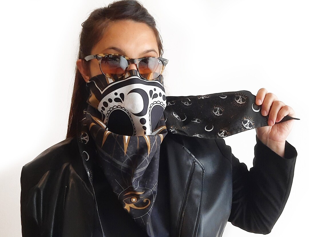 Large Sugar Skull Cat Bandana, Goth Scarf Black Cat With Moon, Witch ...