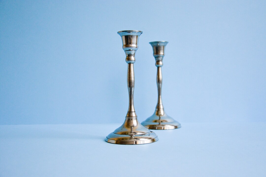 Set of Two Silver-colored Vintage Candlesticks | Silver Colored Candle ...