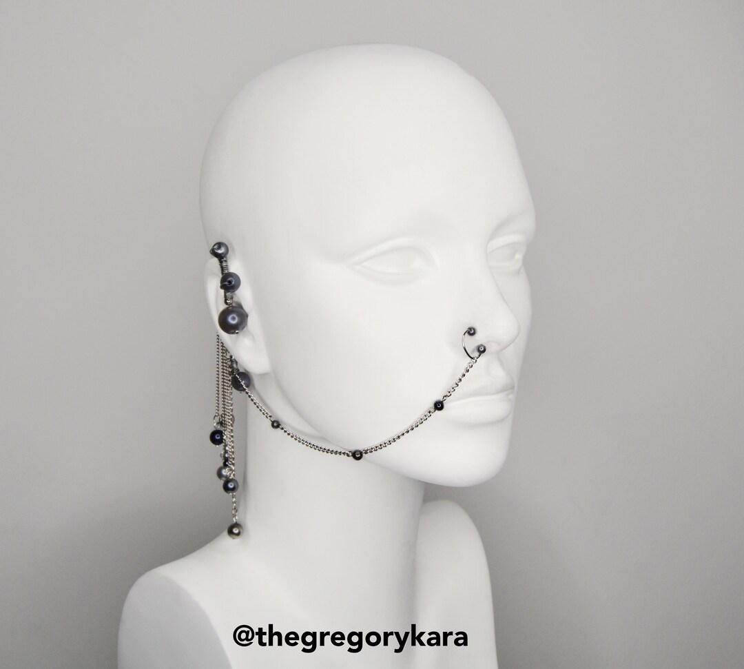 Silver Ear Cuff With Black Pearl Nose Chain - Wearable Art - Etsy