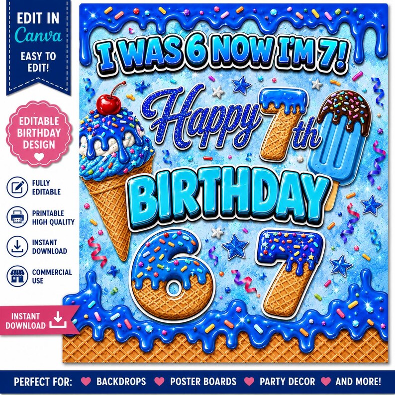 Ice Cream Birthday Backdrop | Editable Blue Candy Party Sign (digital ...
