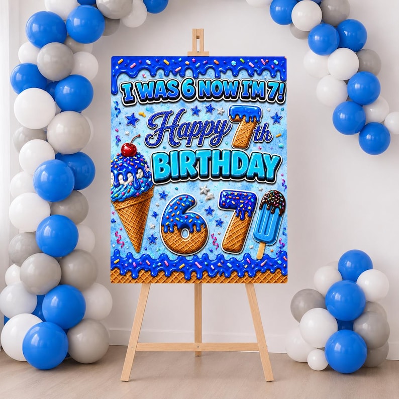 Ice Cream Birthday Backdrop | Editable Blue Candy Party Sign (digital ...