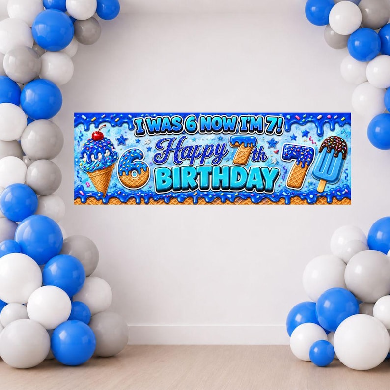 Ice Cream Birthday Backdrop | Editable Blue Candy Party Sign (digital ...