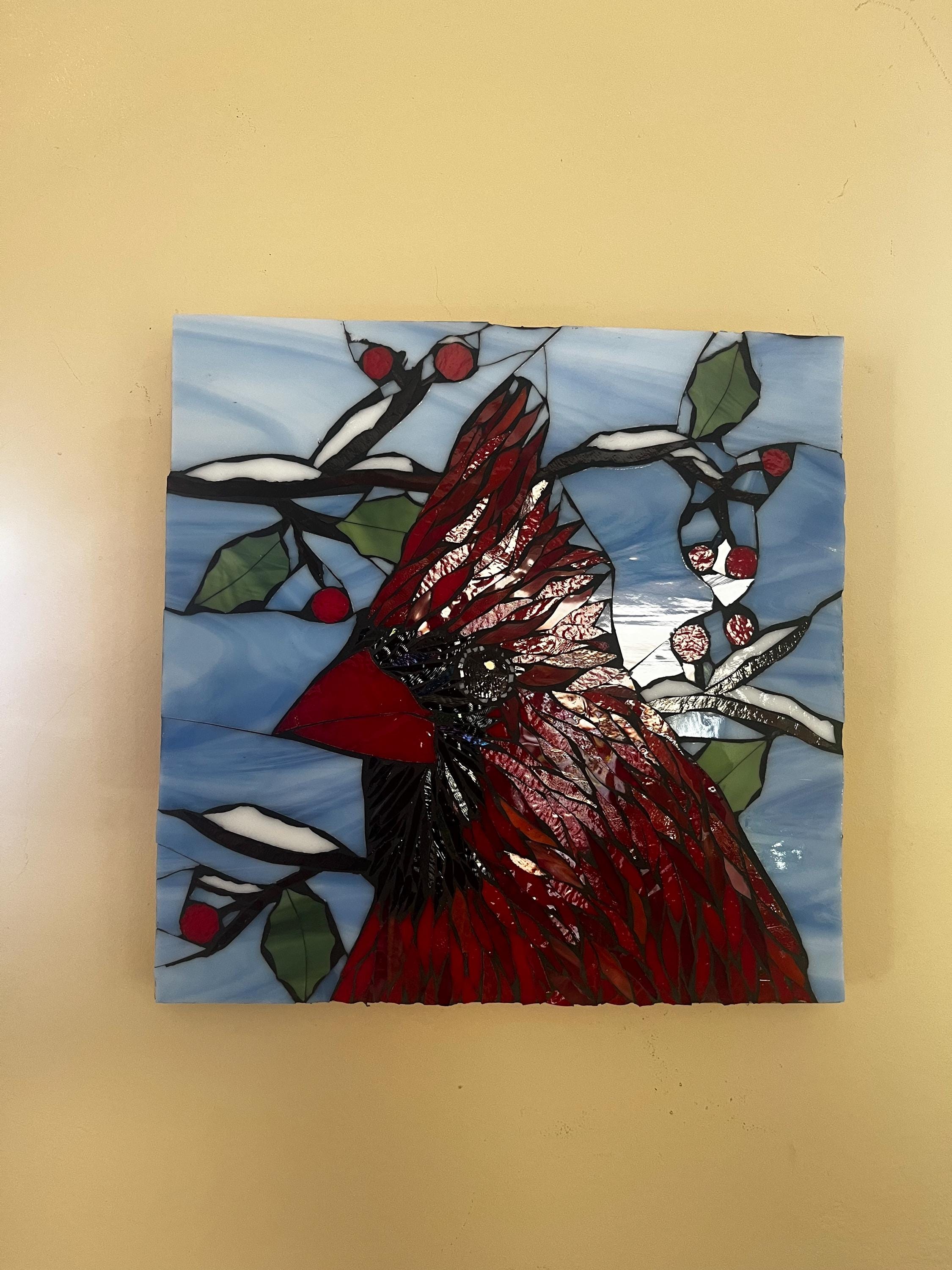Cardinal With Snow and Berries Glass Mosaic - Etsy