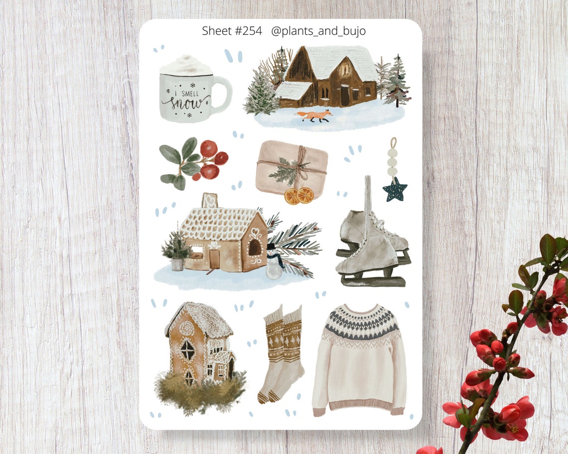 Winter Cabin Sticker Sheet Holiday Stickers Cozy Winter - Etsy