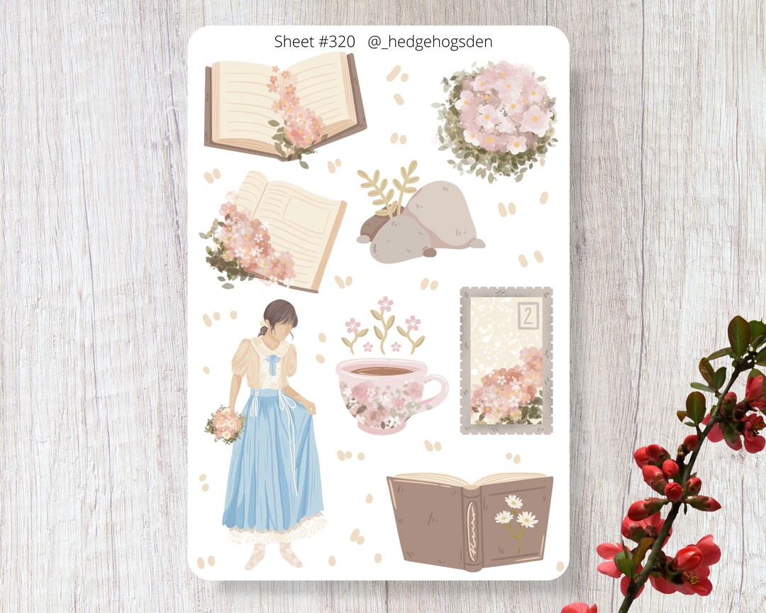 Cottagecore Sticker Sheet, Flower Stickers, Book Stickers, Pastel ...