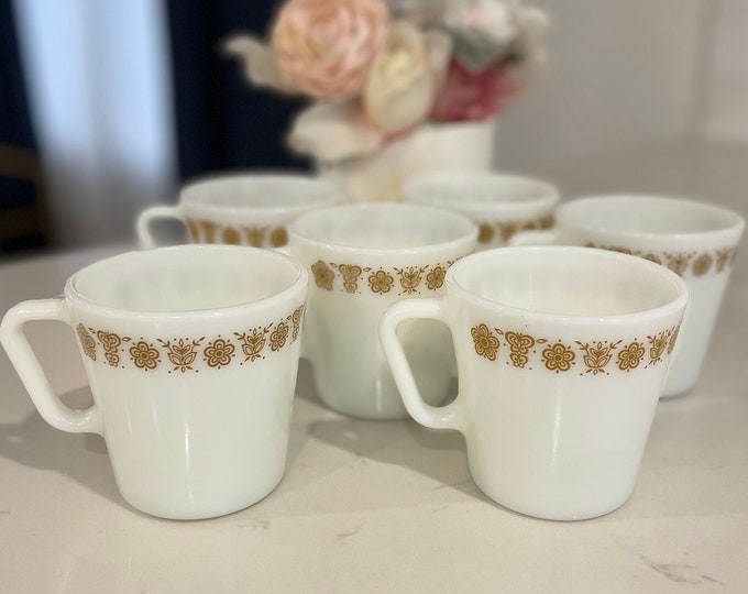 Vintage Pyrex Set of 6 Butterfly Gold D Handle Coffee Mugs Tea Cups in ...