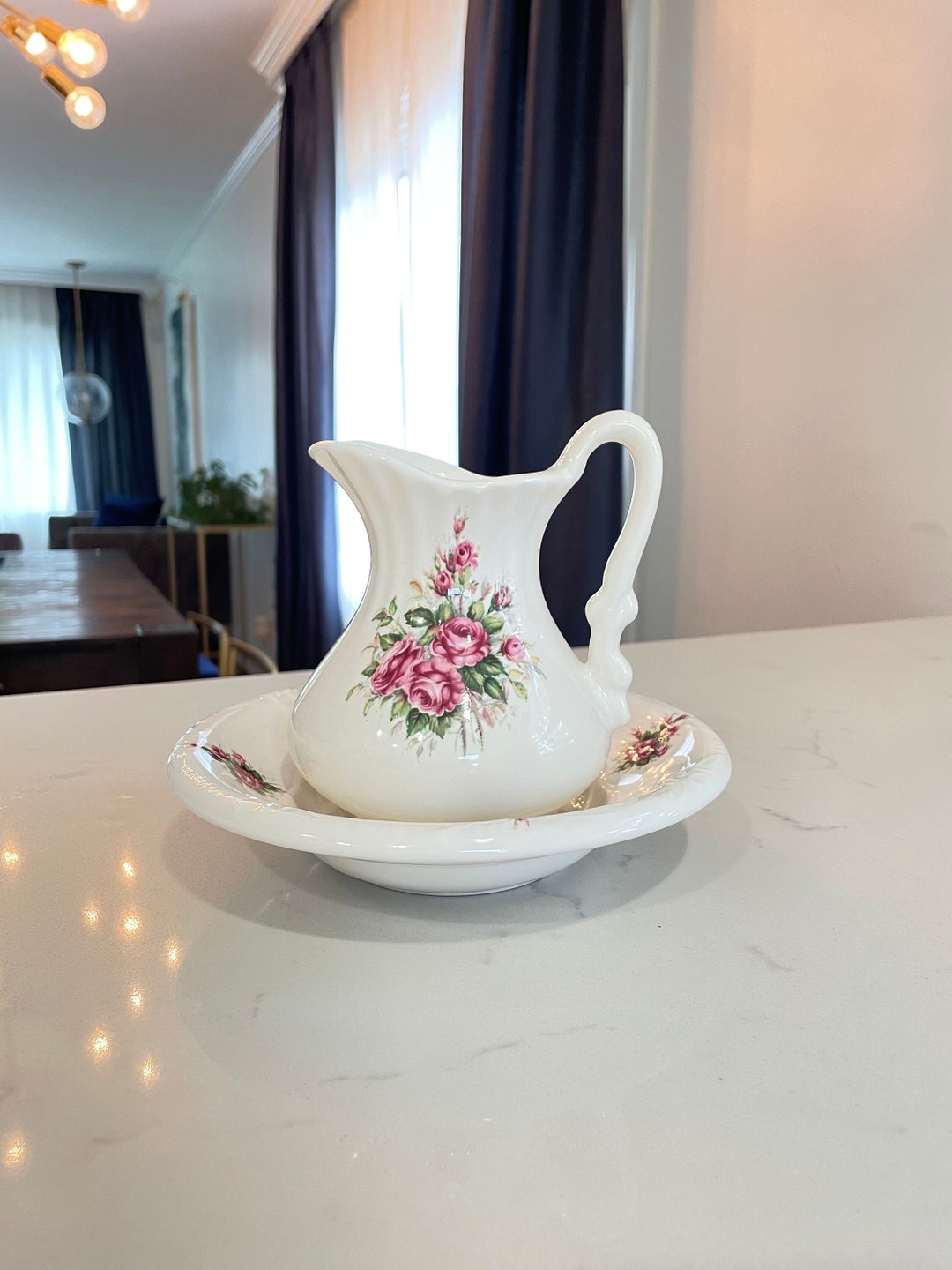 Vintage V B Athena Ceramic Small Pitcher & Bowl Pink Roses 6" Tall Made ...