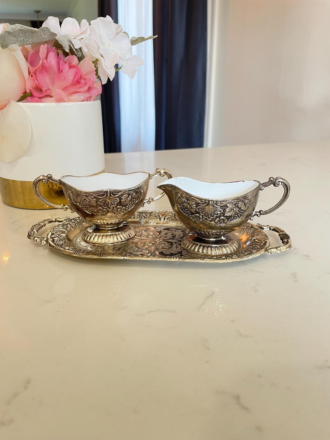 Vintage EP ZINC Japanese Silverplate & Enamel Creamer and Sugar Set ...