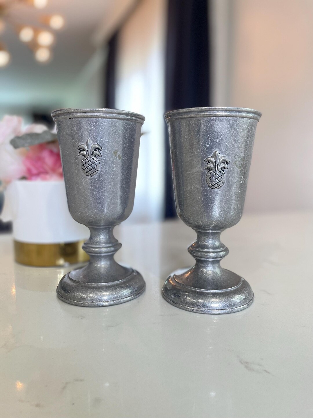 2 Vintage Carson Pewter Goblet Freeport, Pennsylvania Pineapple Cup ~7 ...