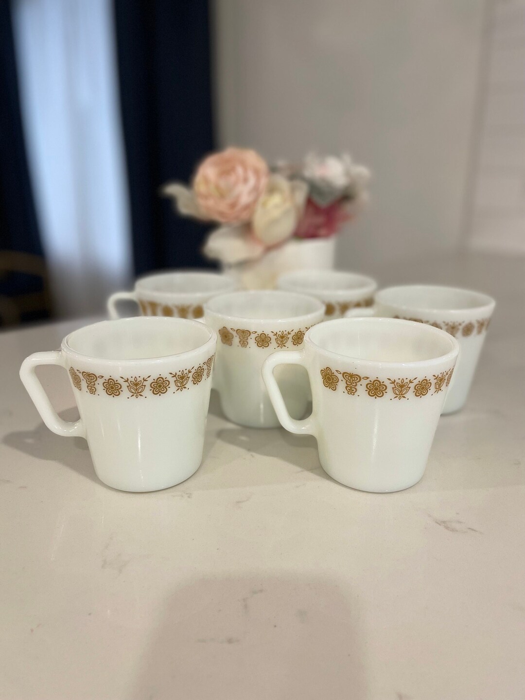 Vintage Pyrex Set of 6 Butterfly Gold D Handle Coffee Mugs Tea Cups in ...