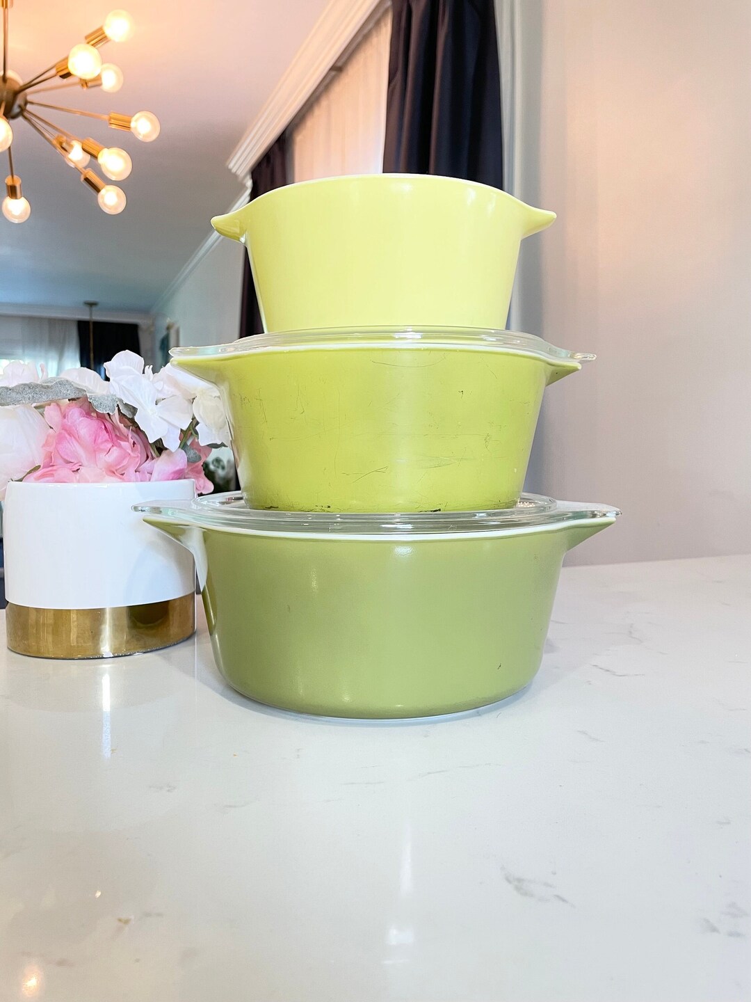 Set of 3 Vintage Pyrex Verde Green Casserole Dishes With 2 Lids, 473 ...