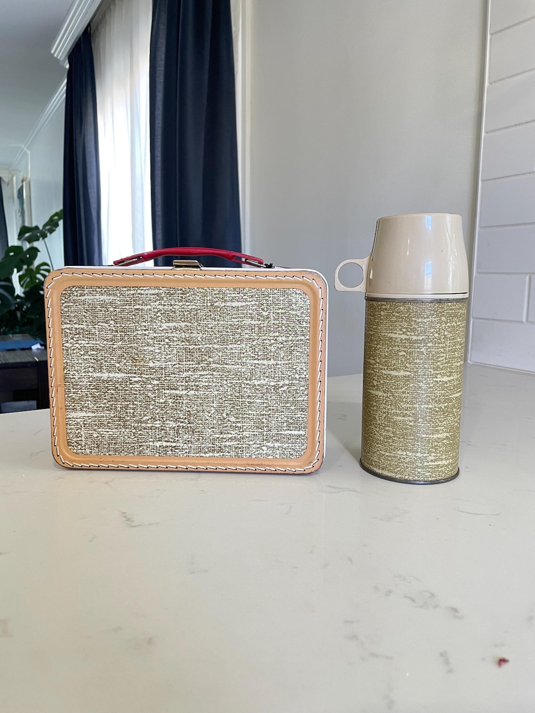 Vintage 1960s Lunch Box With Thermos, Burlap Look Metal With Faux ...