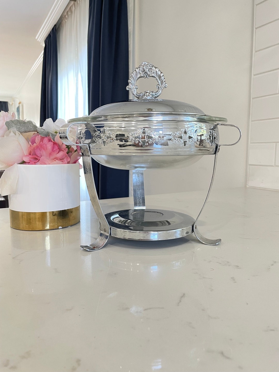 Vintage Pyrex Large Vintage Silver Plated Covered Dish With Pyrex Glass ...