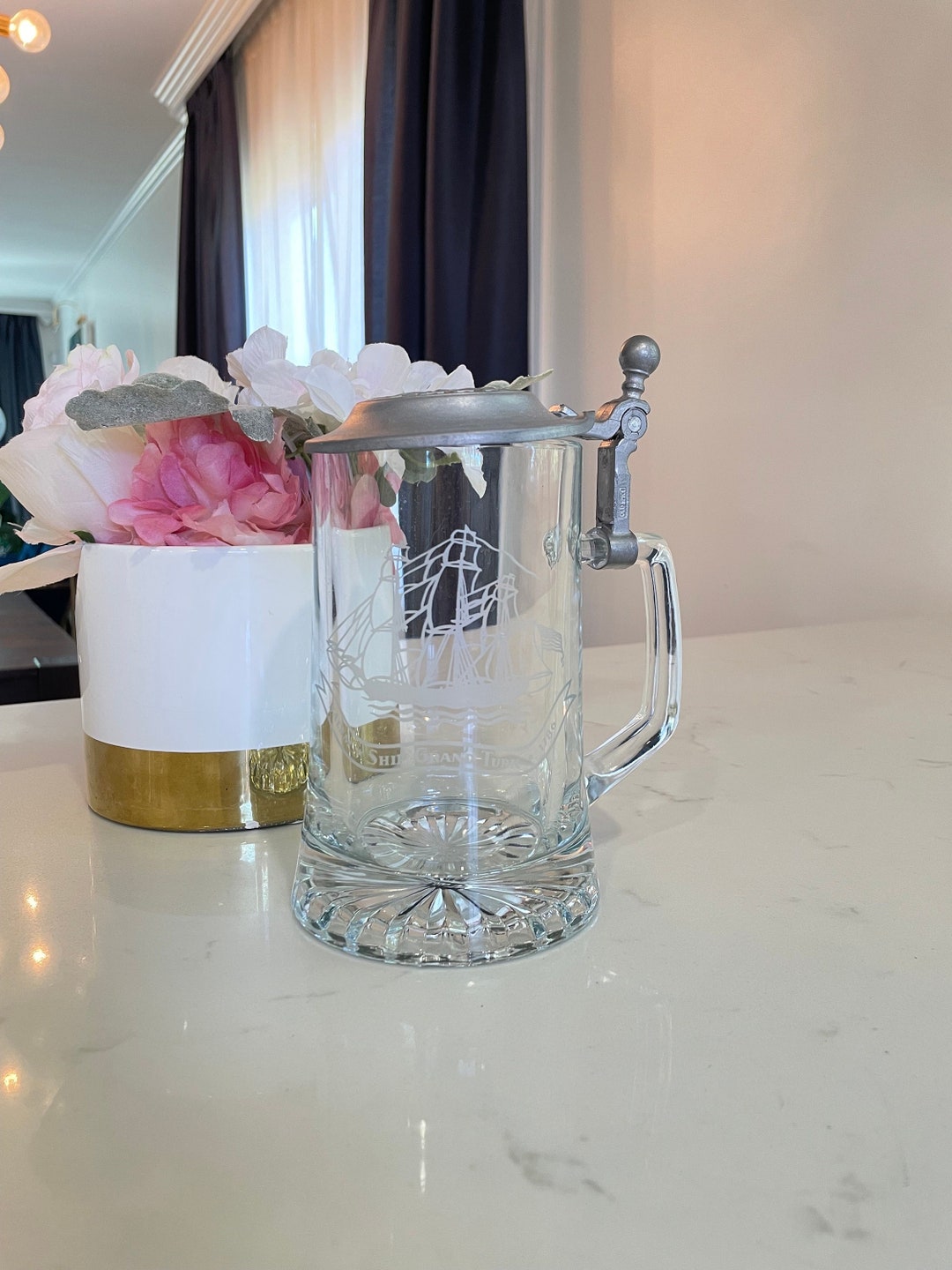 Old Spice Promo Grand Turk Clipper Ship Etched Glass Lidded Beer Stein ...