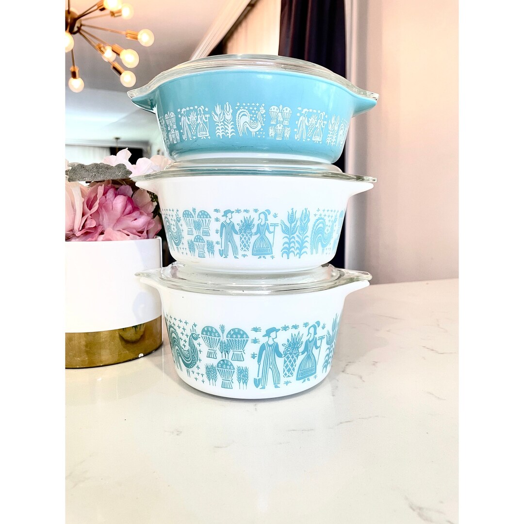 Set of 3 Vintage Pyrex Amish Butterprint Turquoise & White Casserole ...
