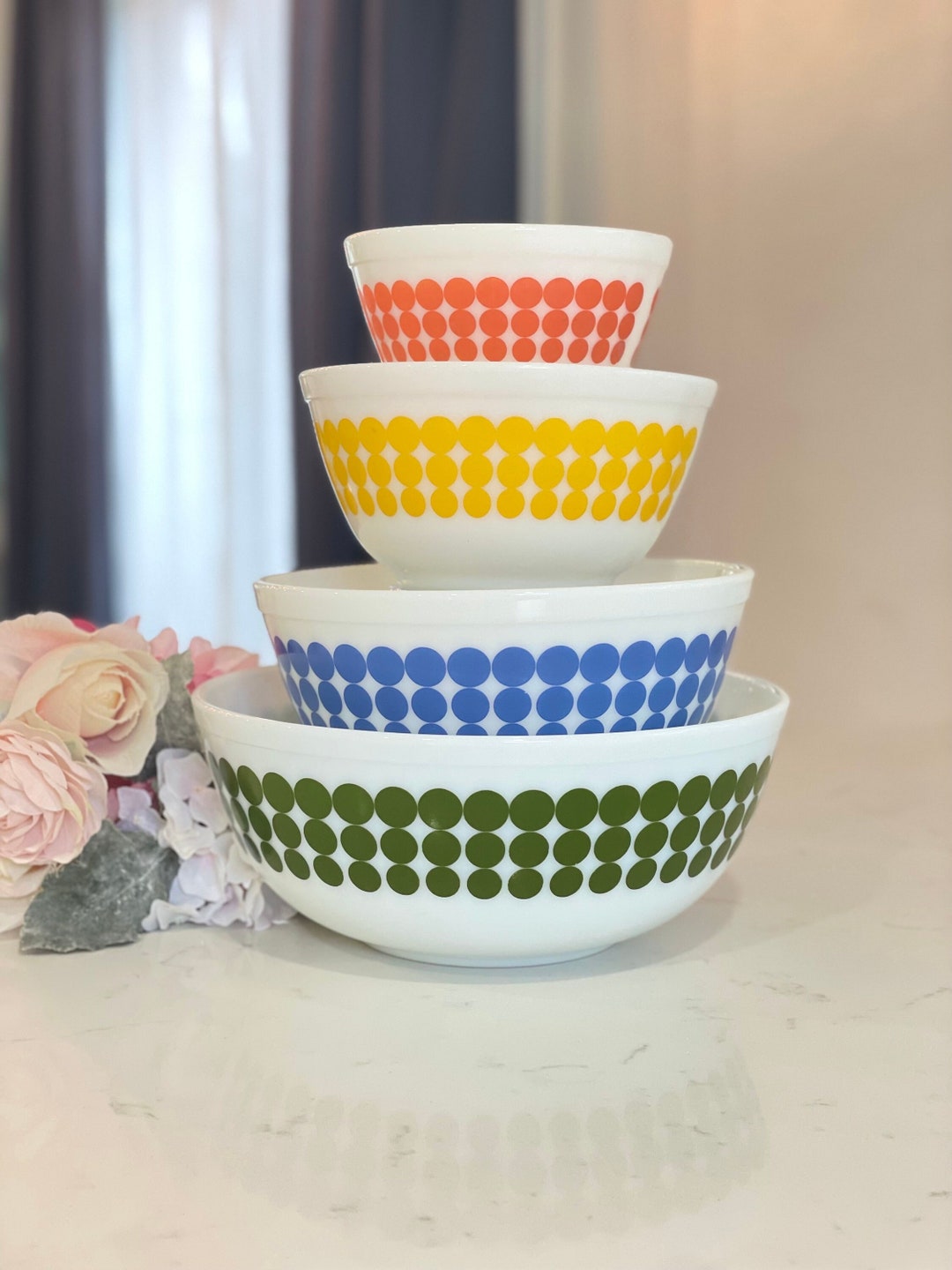 Set of 4 Vintage Pyrex Dot Mixing Bowls, Polka Dot, Polkadots Made 1968 ...