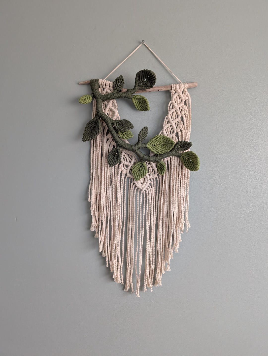 Macrame Leafy Modern Wall Hanging Tapestry on Driftwood, Olive Green ...
