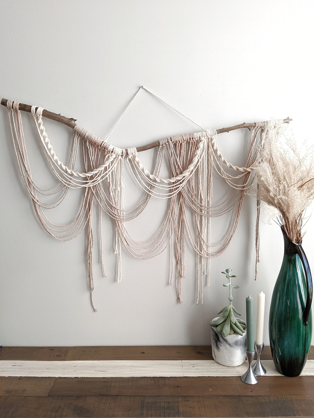 Macrame Draped Wall Hanging on Driftwood, Contemporary Wall Tapestry ...