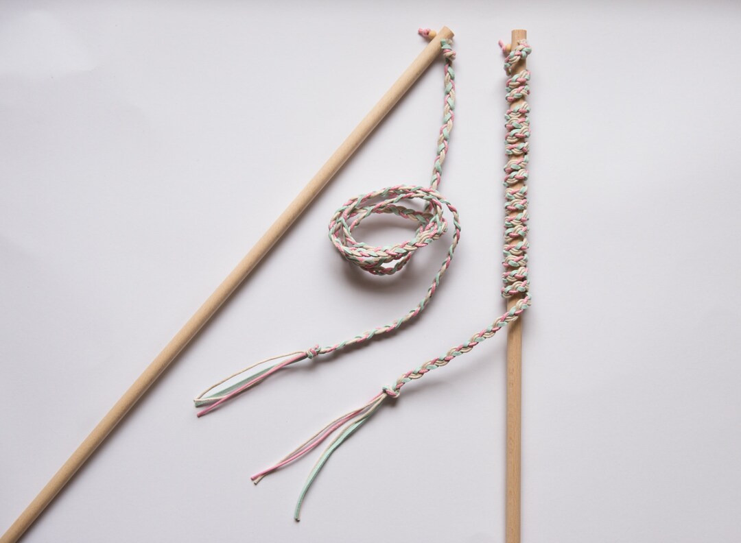 String & Suede Cat Wand With Wooded Pole. Cat Fishing Pole With Mint ...