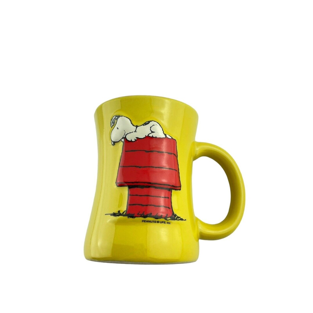 Vintage Peanuts UFS Camp Snoopy Mug Embossed Yellow and Red - Etsy