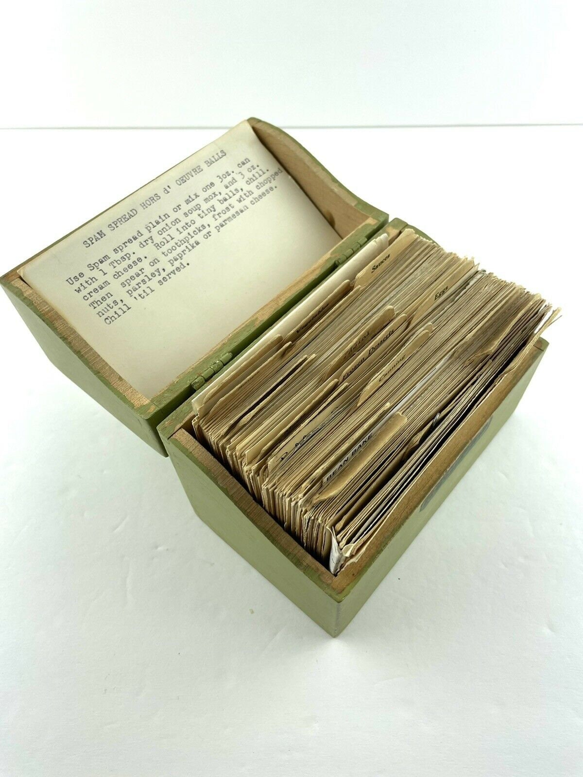 Vintage Recipe Box Hinged Wooden Painted Green w/ Handwritten Recipes ...