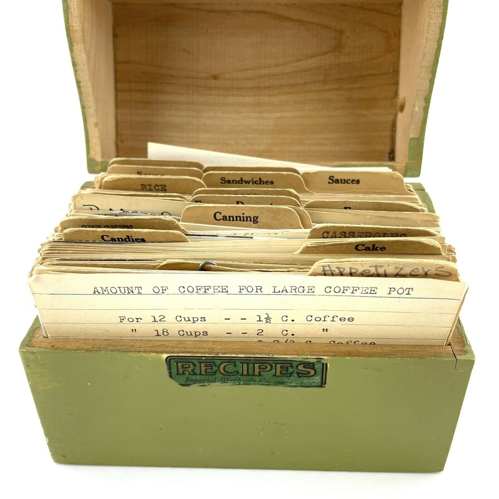 Vintage Recipe Box Hinged Wooden Painted Green w/ Handwritten Recipes ...
