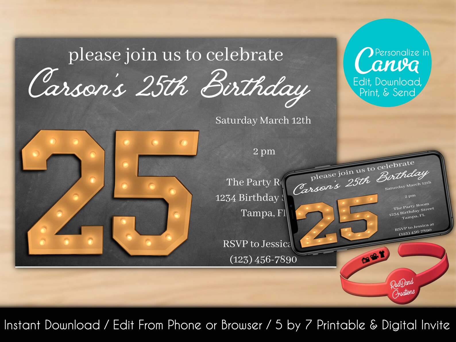 Editable 25th Birthday Invitation Mens Birthday Invitation - Etsy