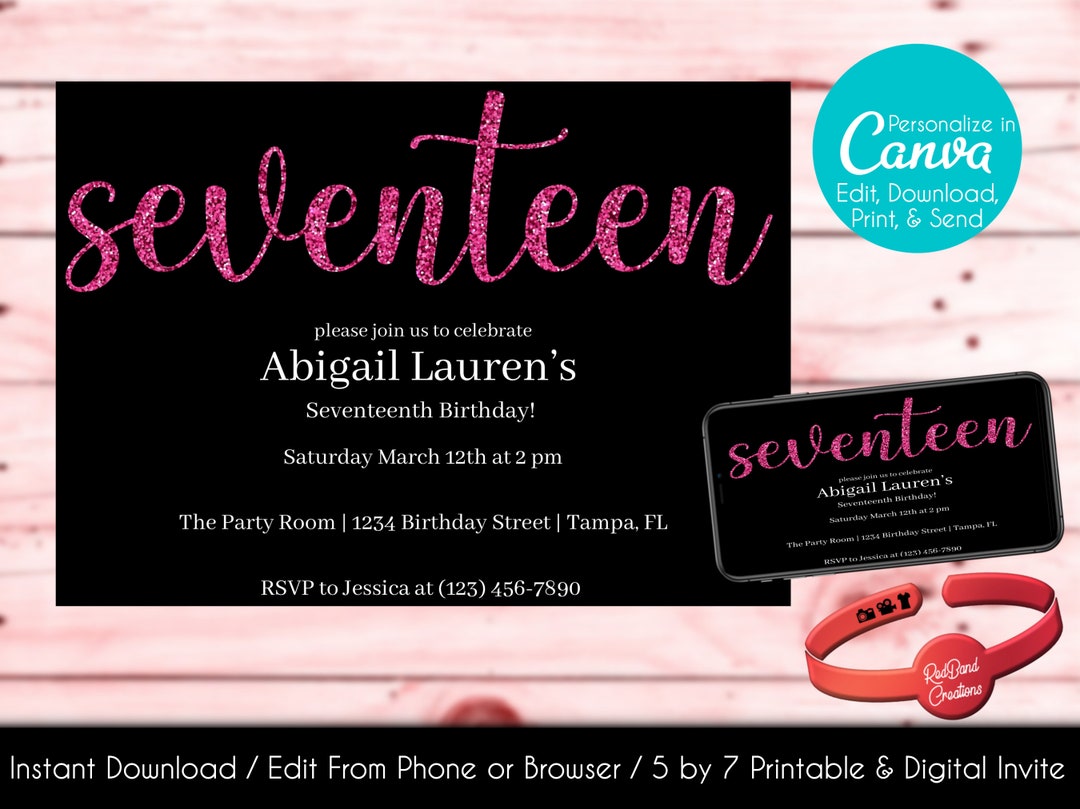 Editable 17th Birthday Invitation Simple Invitation Glitter Invite ...