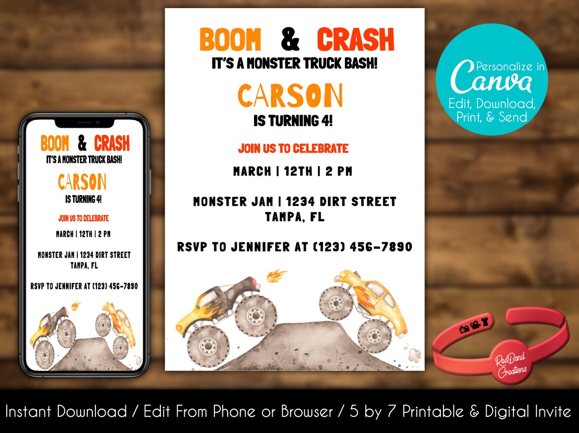 Editable Monster Truck Birthday Invitation Monster Truck - Etsy