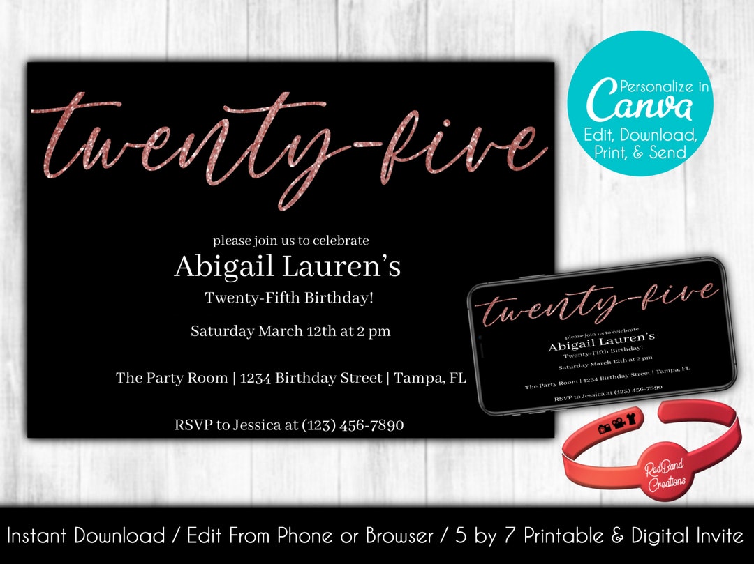 Editable 25th Birthday Invitation Rose Gold Invite Glitter Invite ...