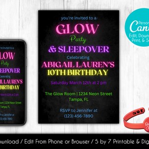 Editable Sleepover Invitation Slumber Party Birthday Neon Glow ...