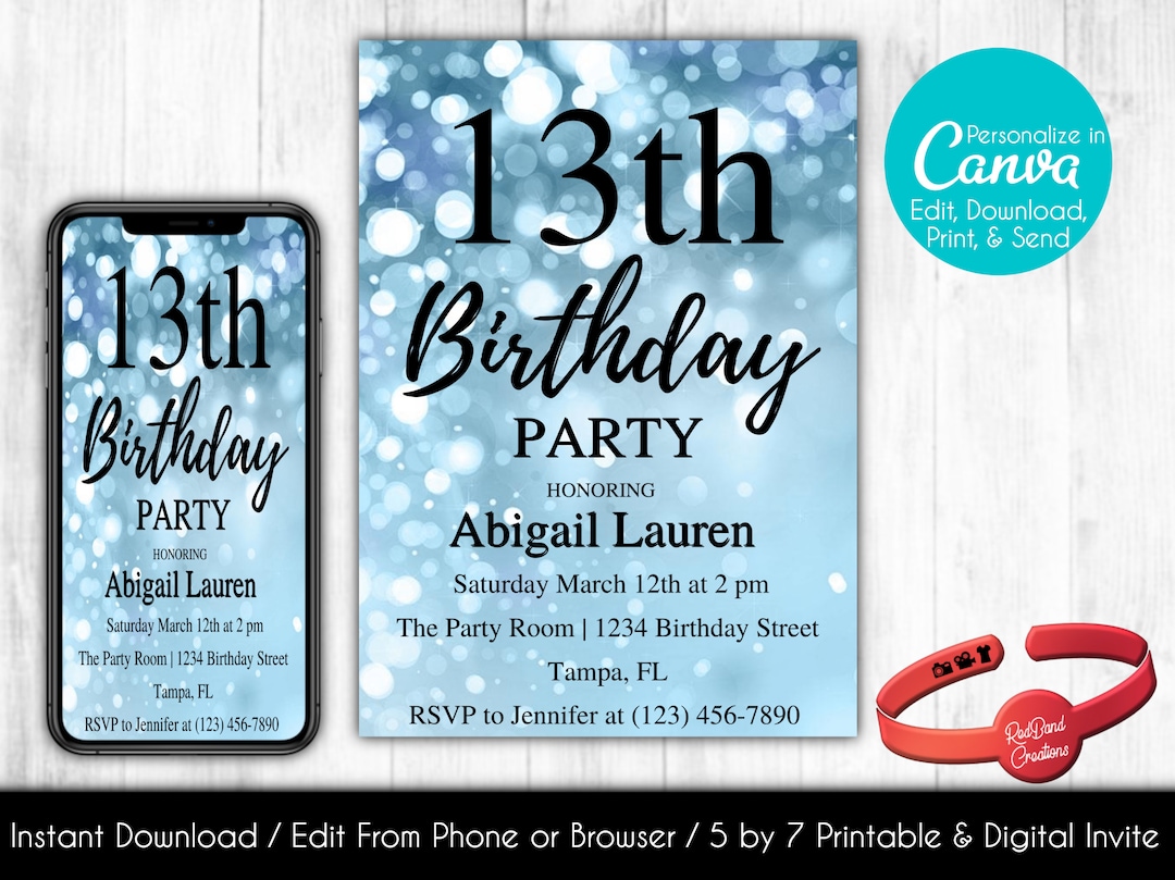 Editable 13th Birthday Invitation Milestone Birthday Birthday ...
