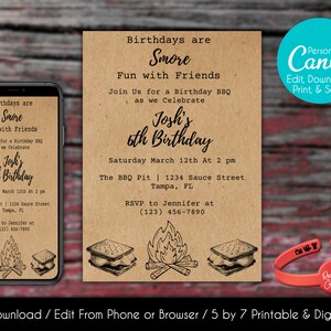 Editable Camping Birthday Invitation Smores Birthday Rustic Birthday ...