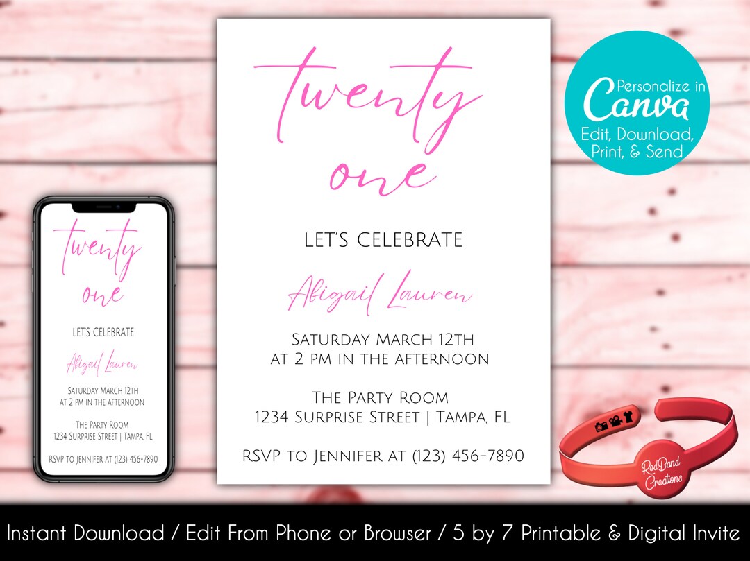 Editable 21st Birthday Invitation Pink Invitation Birthday - Etsy