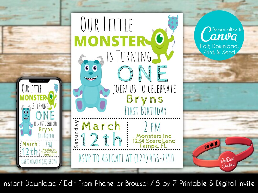 Editable Monsters Inc Invitation Monsters Inc Birthday Canva Template ...