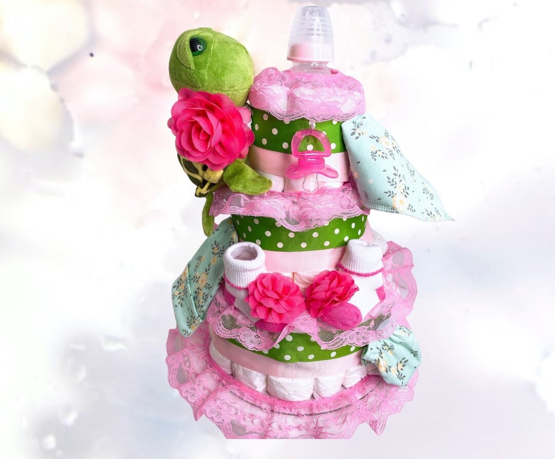 Turtle Baby Girl Diaper Cake: 3-tier Shower Centerpiece - Etsy