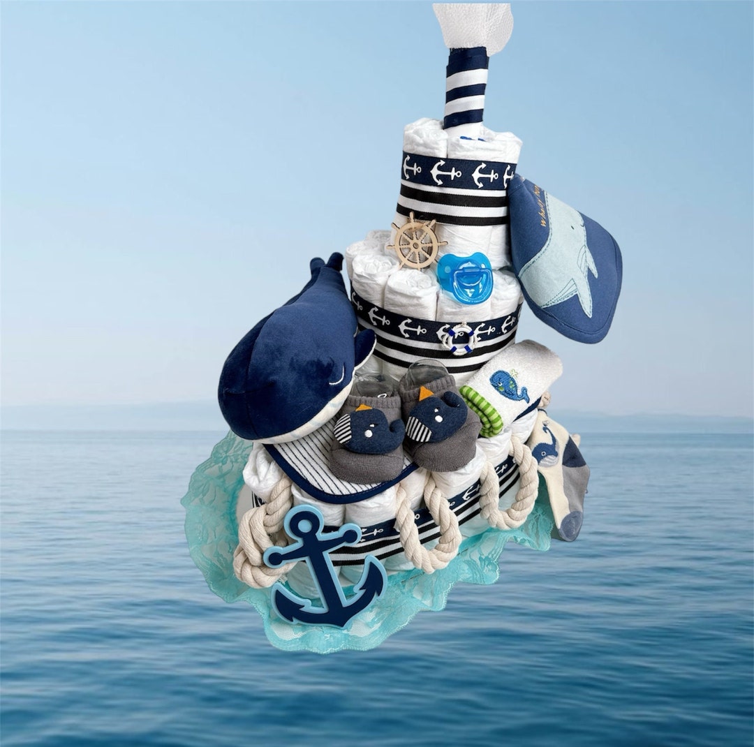 Nautical Ship Diaper Cake: Whale Plush, Baby Shower Centerpiece - Etsy