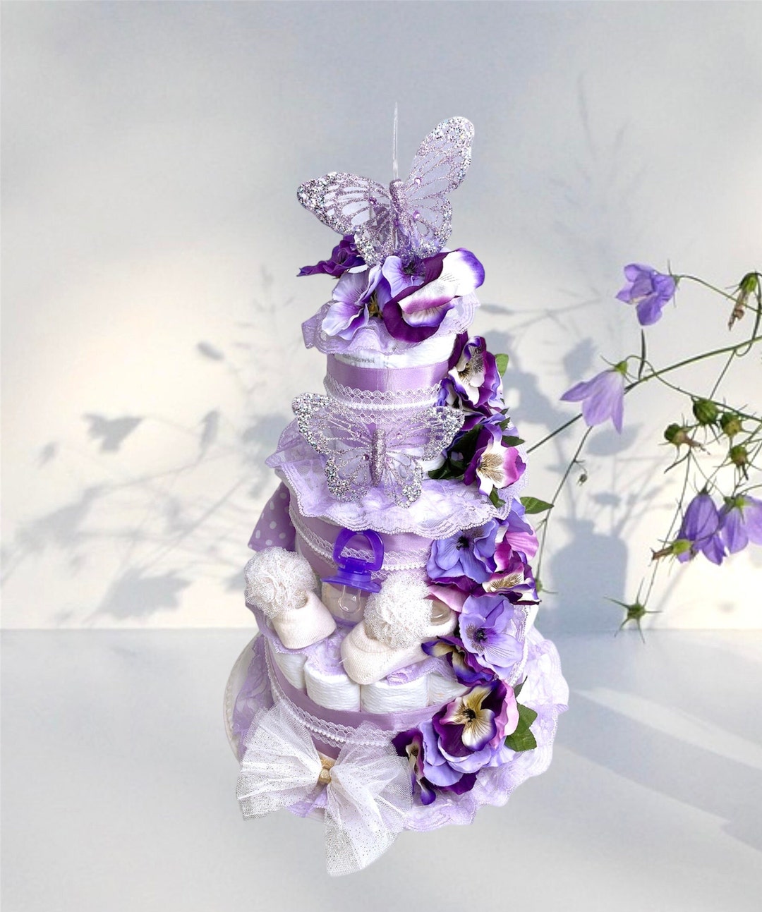Purple Flowers Diaper Cake: 3-tier Baby Shower Centerpiece - Etsy