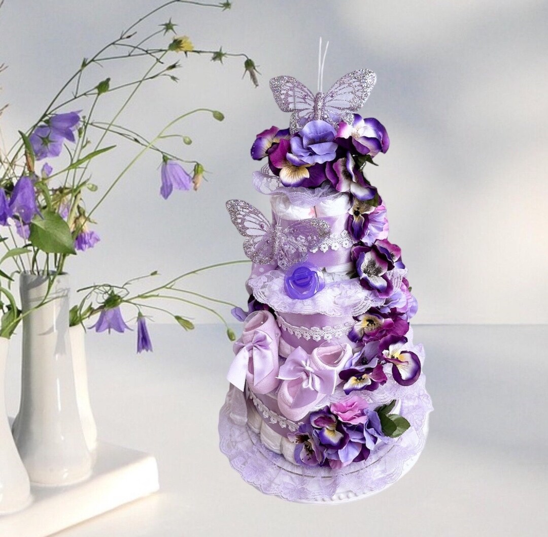 Purple Flowers & Butterflies Diaper Cake: 3-tier Baby Shower ...