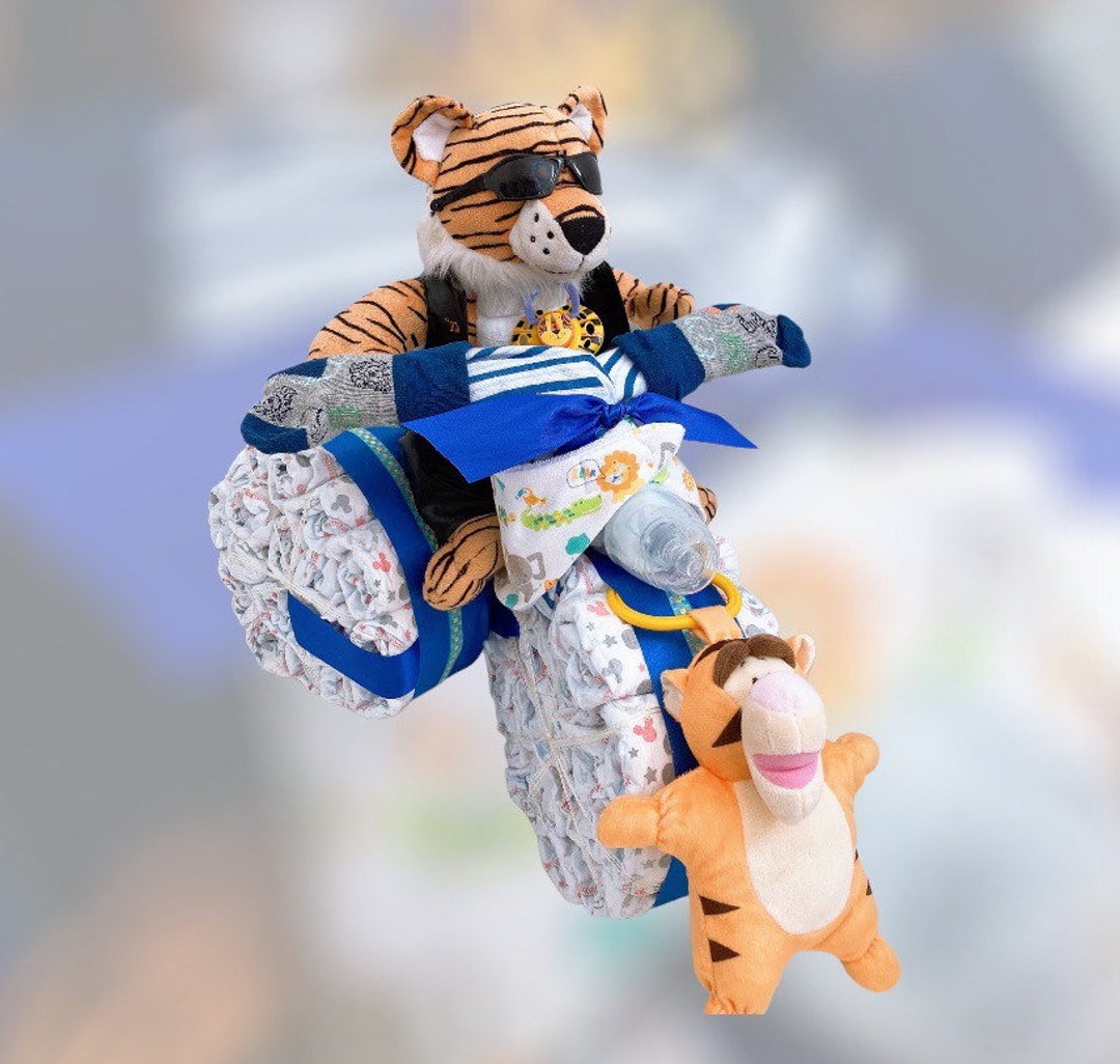 Tiger Motorcycle Diaper Cake: Huggies Size 1, Plush Toy Centerpiece - Etsy