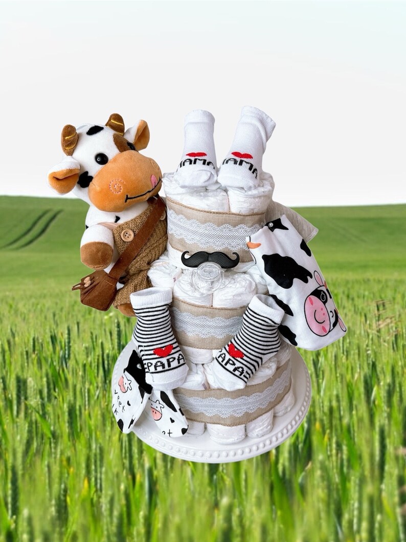 Cow Diaper Cake, Farm Diaper Cake, Unisex Diaper Cake, Farm Theme - Etsy