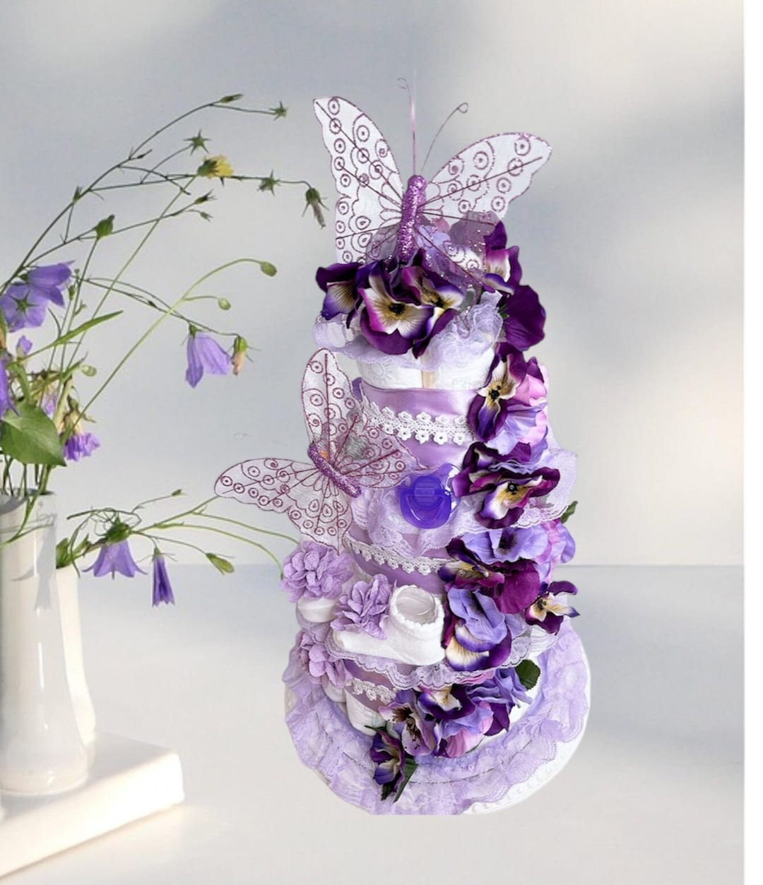 Butterfly Diaper Cake: 3-tier Pampers, Flowers & Baby Accessories - Etsy