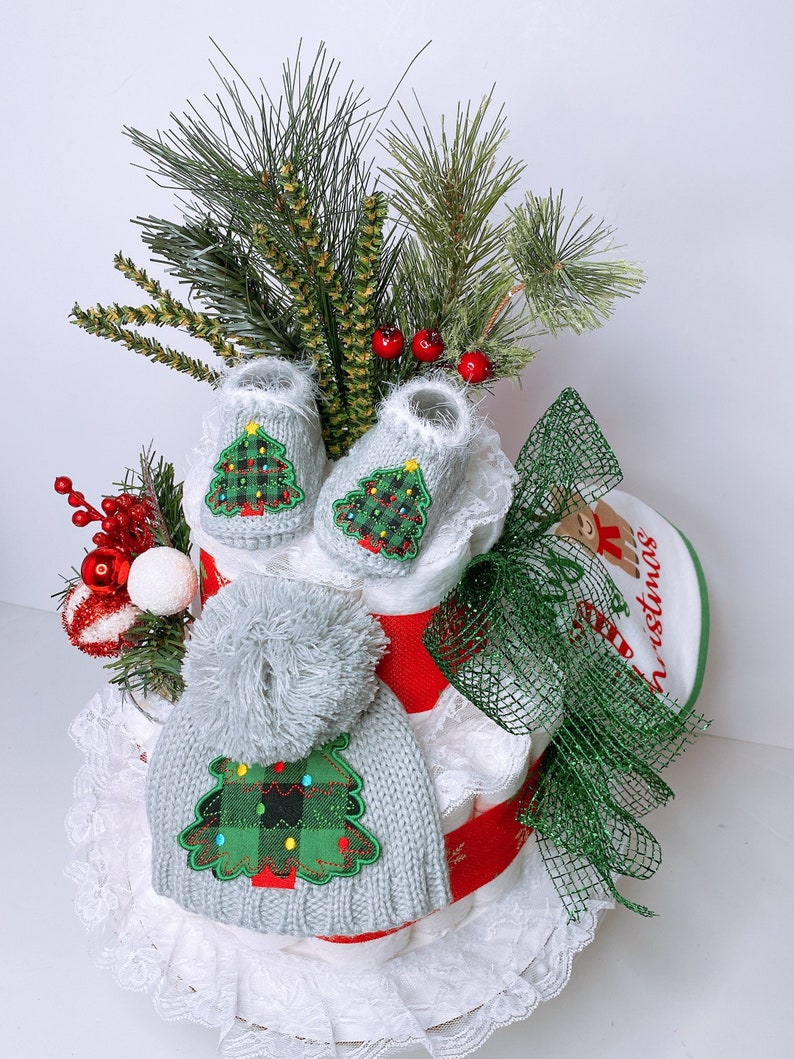Christmas Diaper Cake, Baby Shower Gift, Hat, Booties & Bib - Etsy