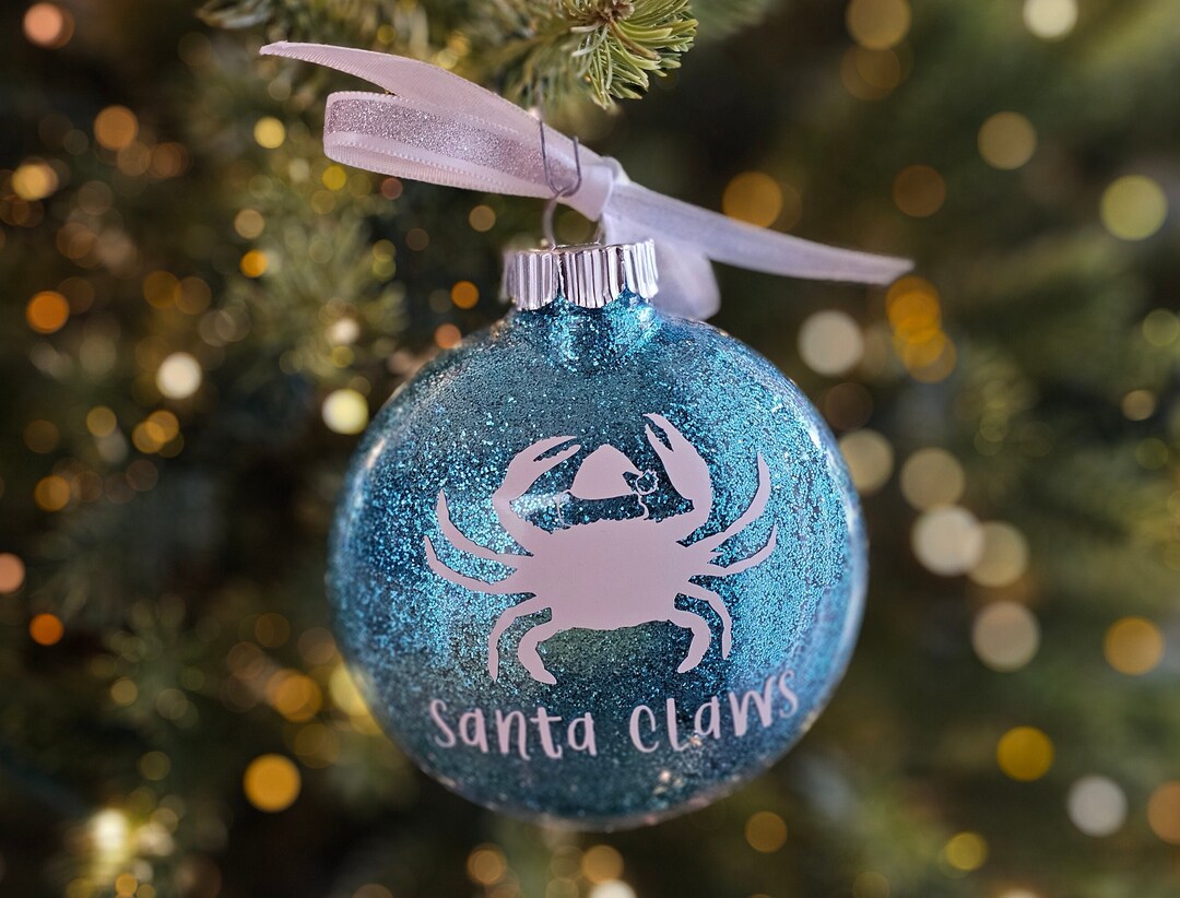 Santa Claws Crab Teal Glitter Christmas Ornament Tropical Coastal Crab ...